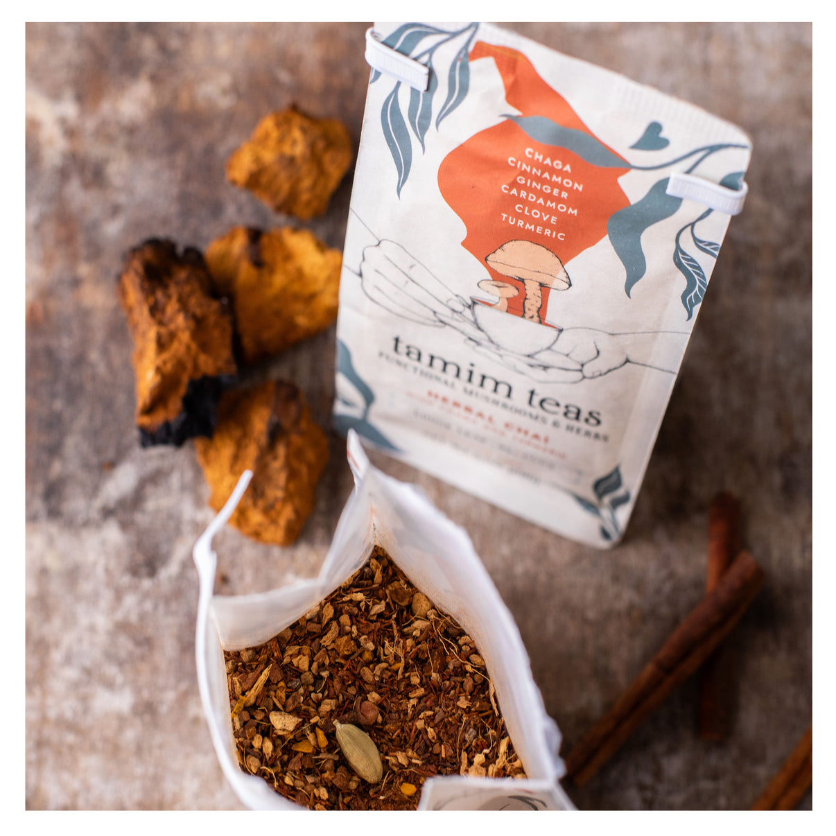Herbal Chaga Chai | Decaf Chai with Chaga Mushroom & Turmeric – Tamim Teas